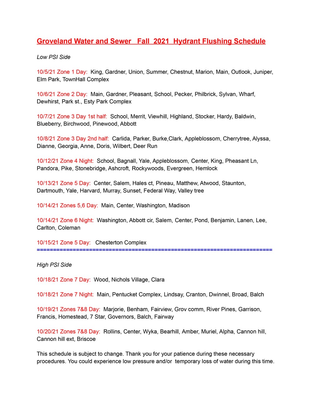 Fall 2021 Hydrant Flushing Schedule – Groveland Water and Sewer Dept.